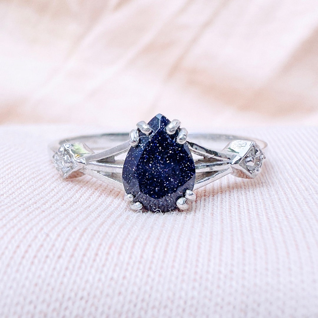 Blue Sandstone Statement Ring, 3 Gemstone Ring, Pear Galaxy Sandstone ...