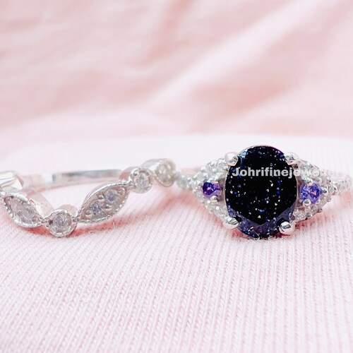 Galaxy Blue Sandstone Engagement Ring Set 925 Sterling Silver - Etsy