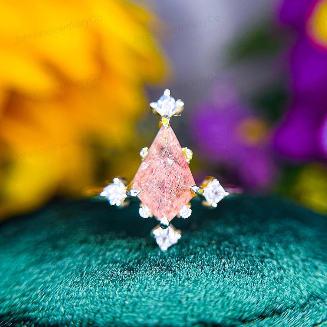 Vintage Kite Cut Strawberry Quartz Engagement Ring: 14k White Gold ...