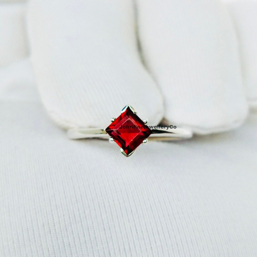 Dainty Princess Cut Garnet Engagement Ring in Sterling Silver: A ...