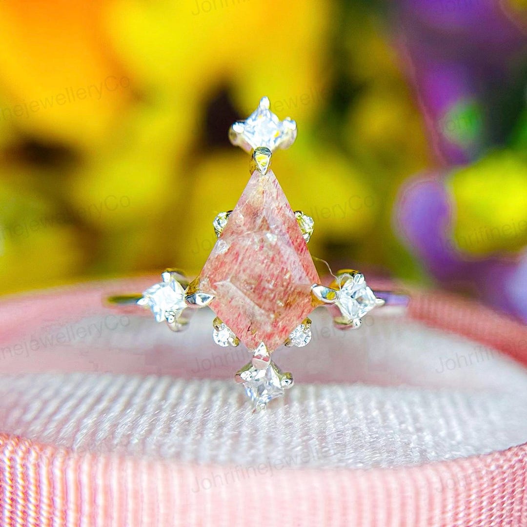 Vintage Kite Cut Strawberry Quartz Engagement Ring: 14k White Gold ...
