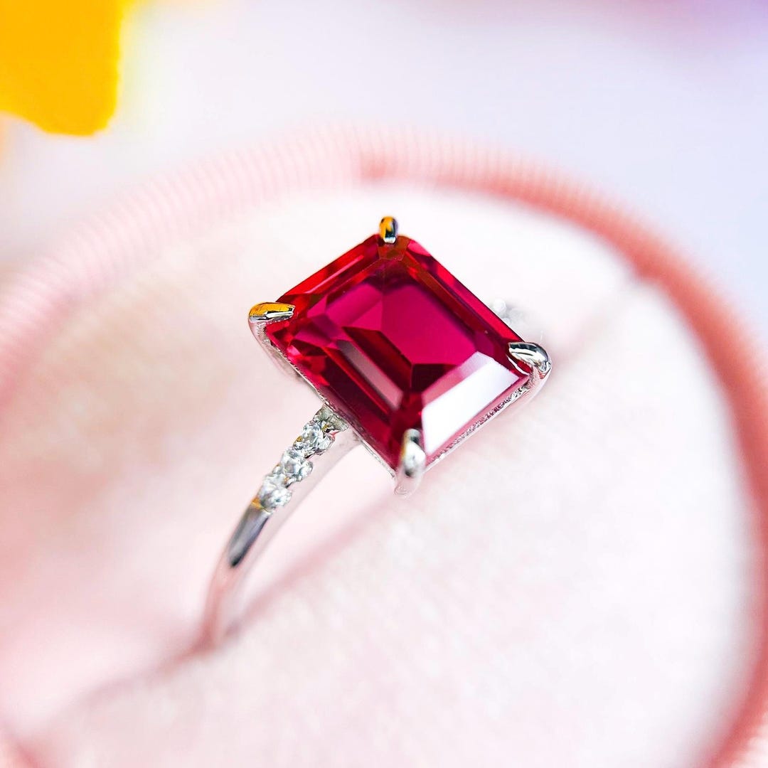 Emerald Cut Lab Created Ruby Engagement Ring for Women, Wedding Ring ...