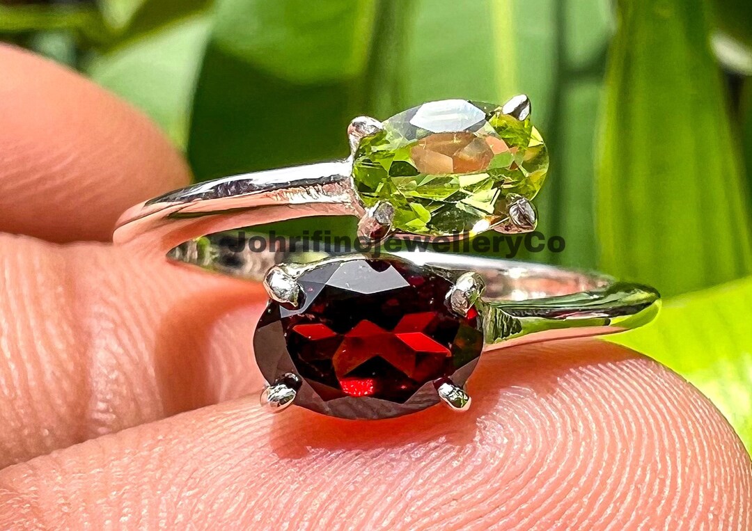 Natural Garnet and Peridot Ring, 925 Sterling Silver, Oval Cut Ring ...
