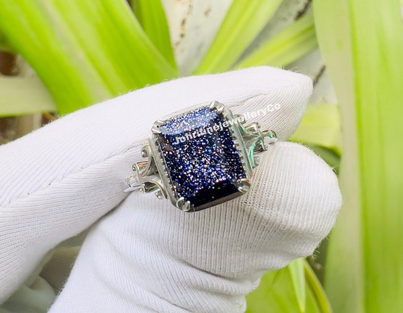 Blue Sandstone Emerald Cut Engagement Ring Goldstone - Etsy