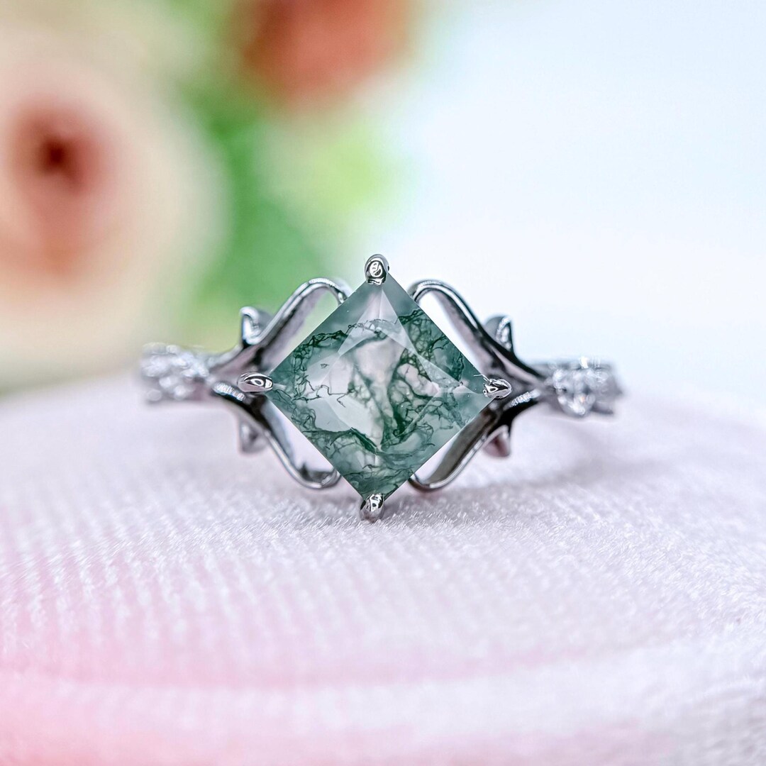 Princess Cut Moss Agate Ring: Art Deco Sterling Silver Statement Ring ...