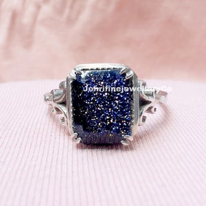 Blue Sandstone Emerald Cut Engagement Ring, Goldstone Solitaire Ring ...