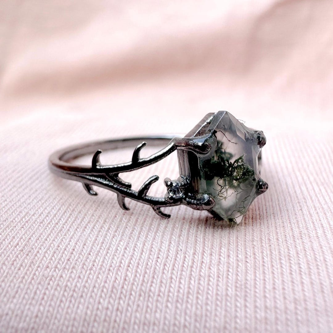 Moss Agate Hexagon Ring: Leaf Solitaire, Sterling Silver Promise Ring ...
