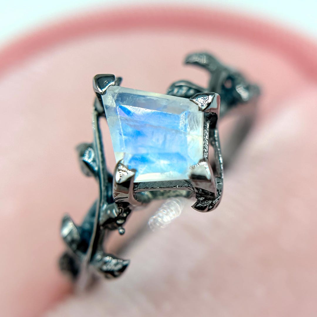 Gothic Kite Cut Moonstone Ring: Black Silver Vine, Boho Engagement - Etsy