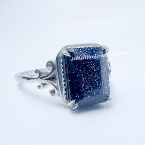 Blue Sandstone Emerald Cut Engagement Ring, Goldstone Solitaire Ring ...