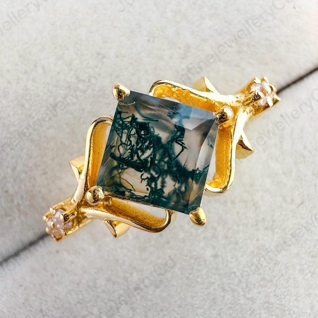 Princess Cut Moss Agate Engagement Ring: Art Deco Diamond Cluster - Etsy