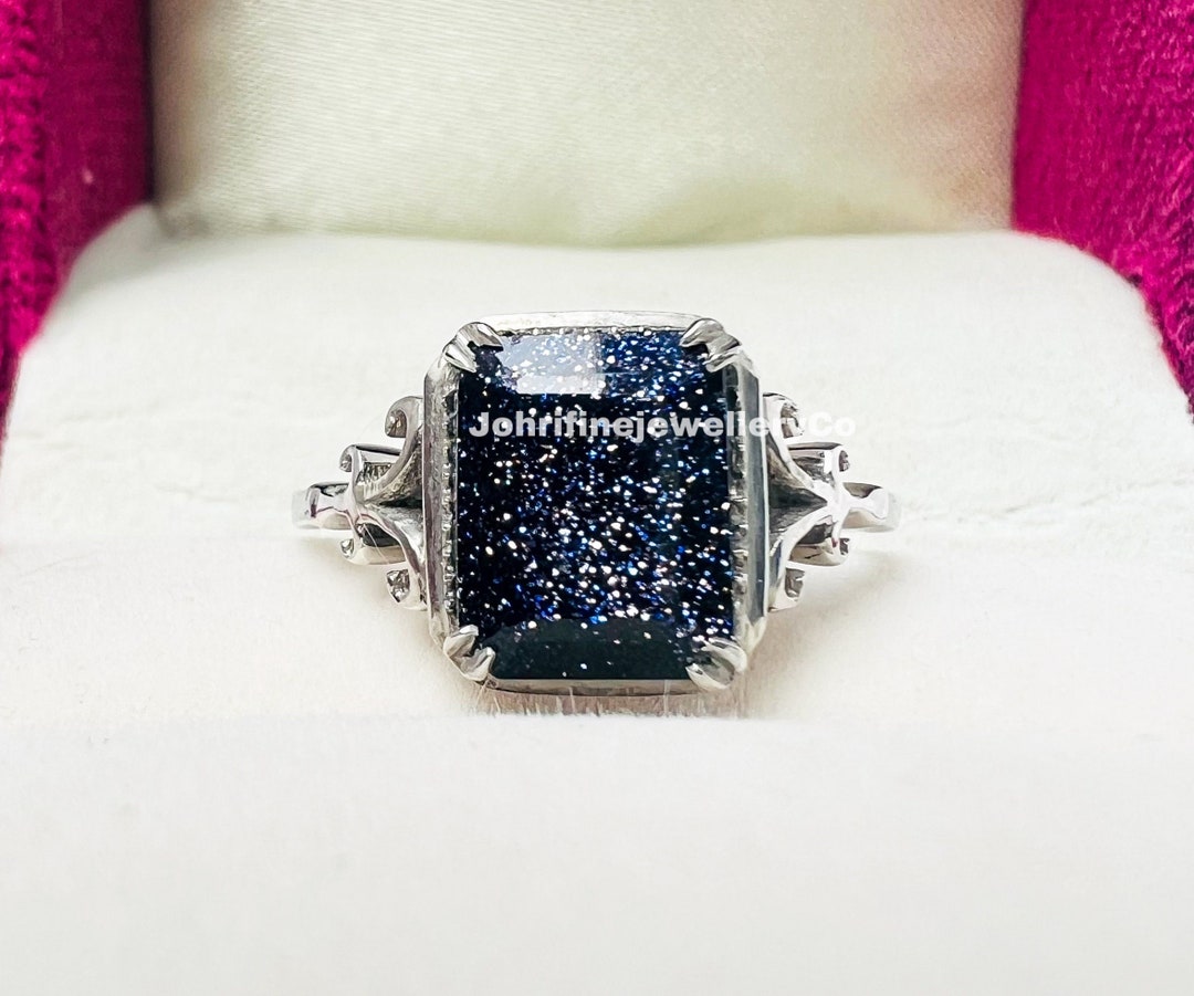 Blue Sandstone Emerald Cut Engagement Ring, Goldstone Solitaire Ring ...
