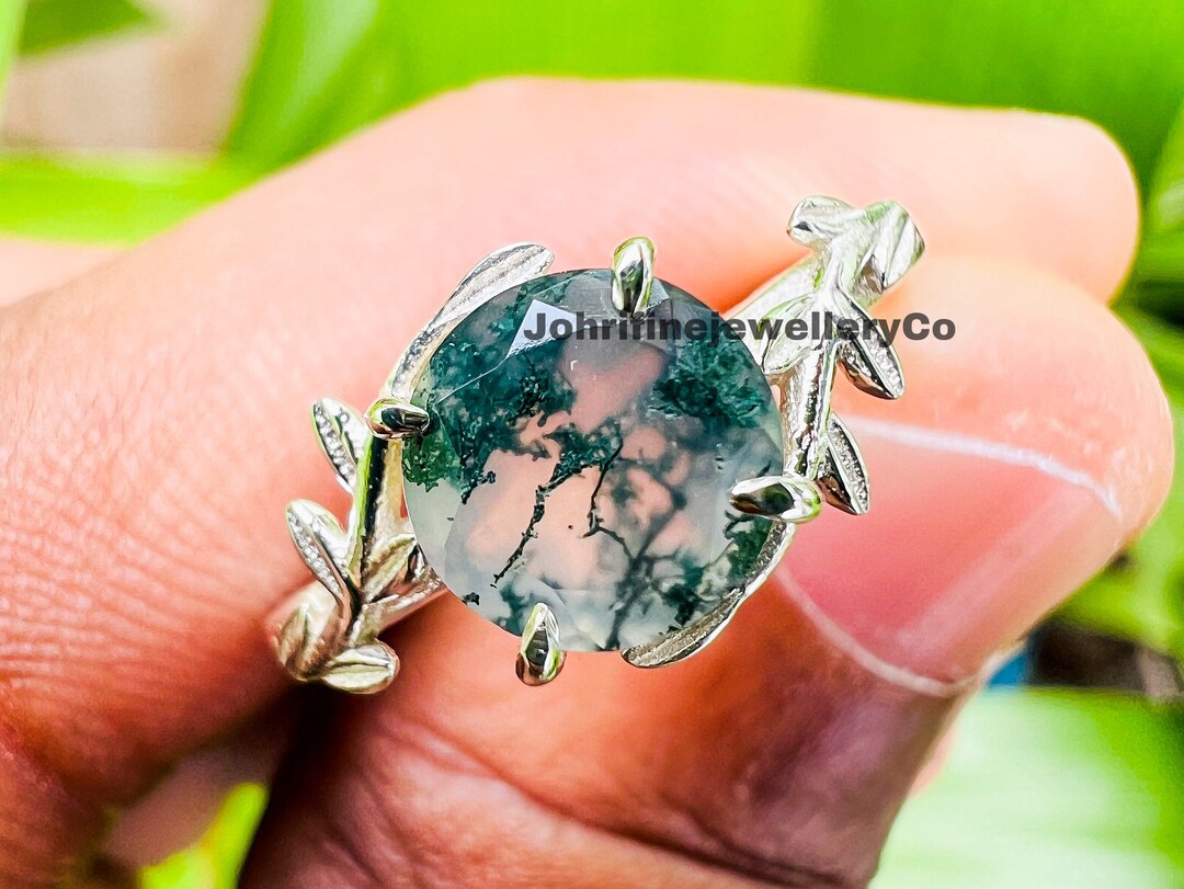 Natural Moss Agate Ring, Leaf Moss Agate Ring, Nature Inspired Leaf ...
