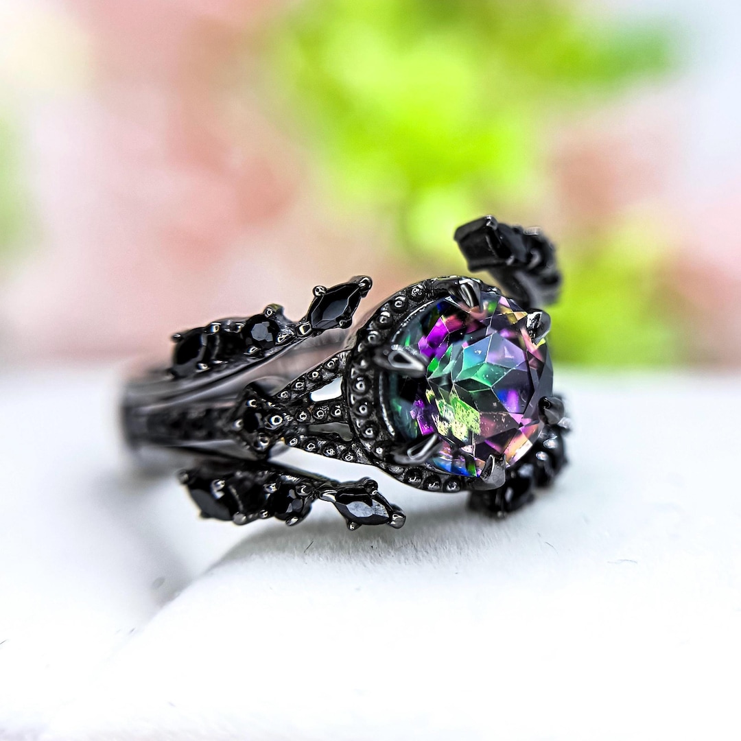 Gothic Black Gold Ring: Rainbow Mystic Topaz & Black Onyx, Alternative ...