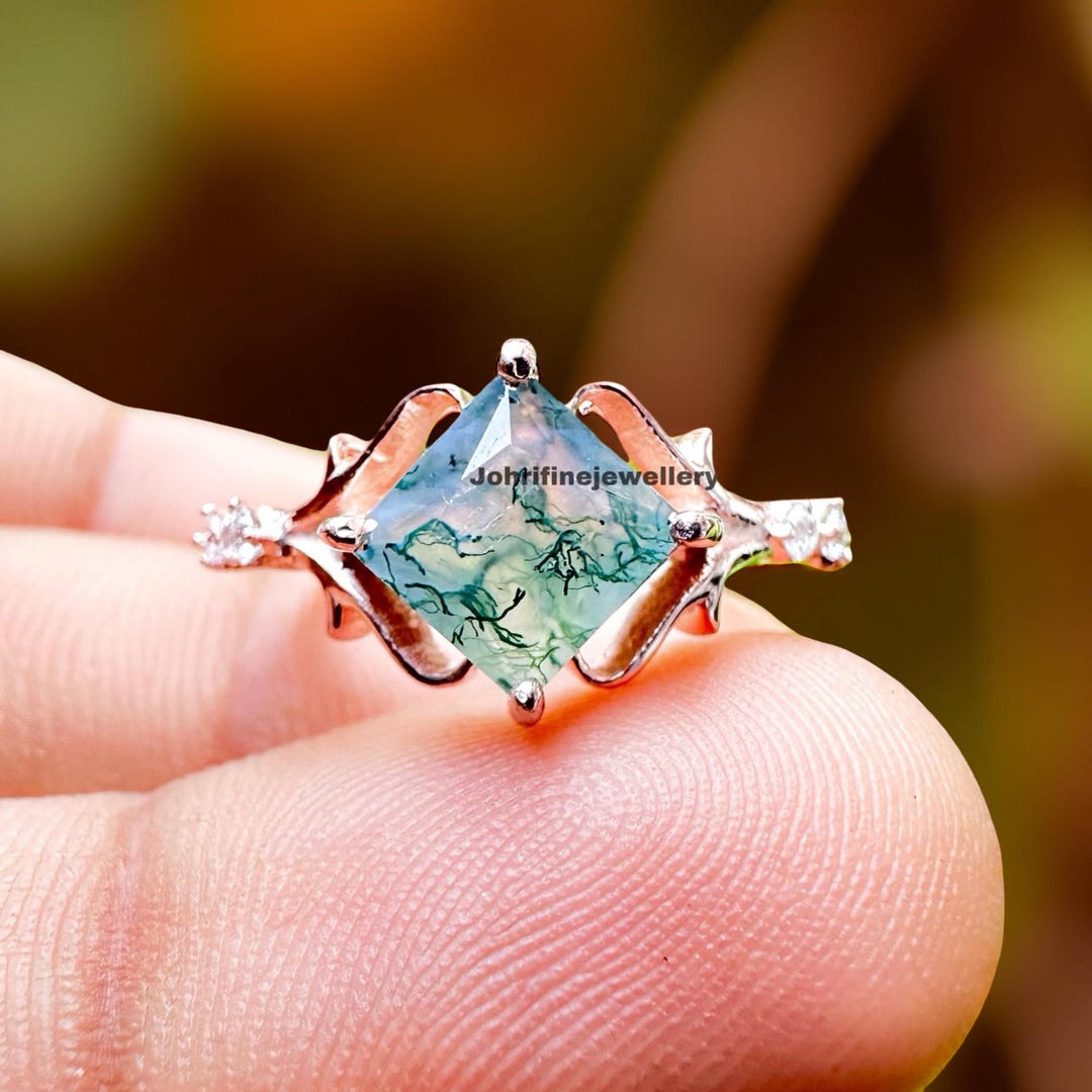 Princess Cut Moss Agate Engagement Ring: Rose Gold Art Deco 5-stone ...