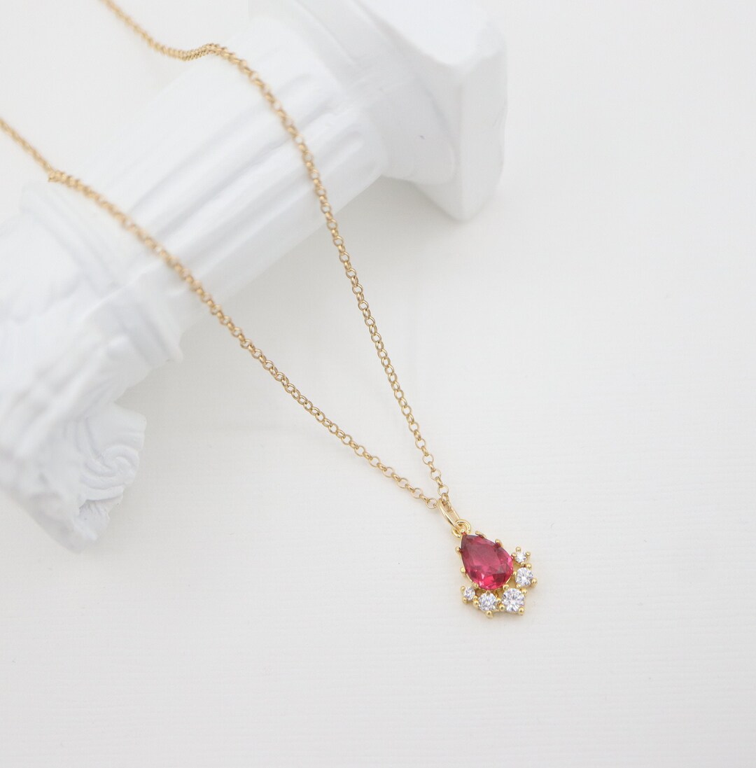 Dainty Pear Shaped Ruby Pendant Necklace, CZ Cubic Zirconia, 14K Gold ...
