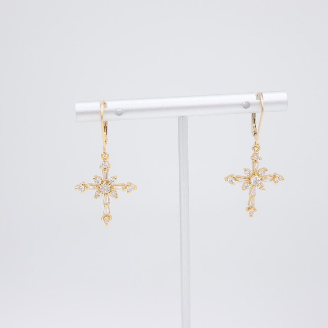 Diamond Cross Dangle Earrings, Vintage Earrings, CZ Cubic Zirconia, 14K ...