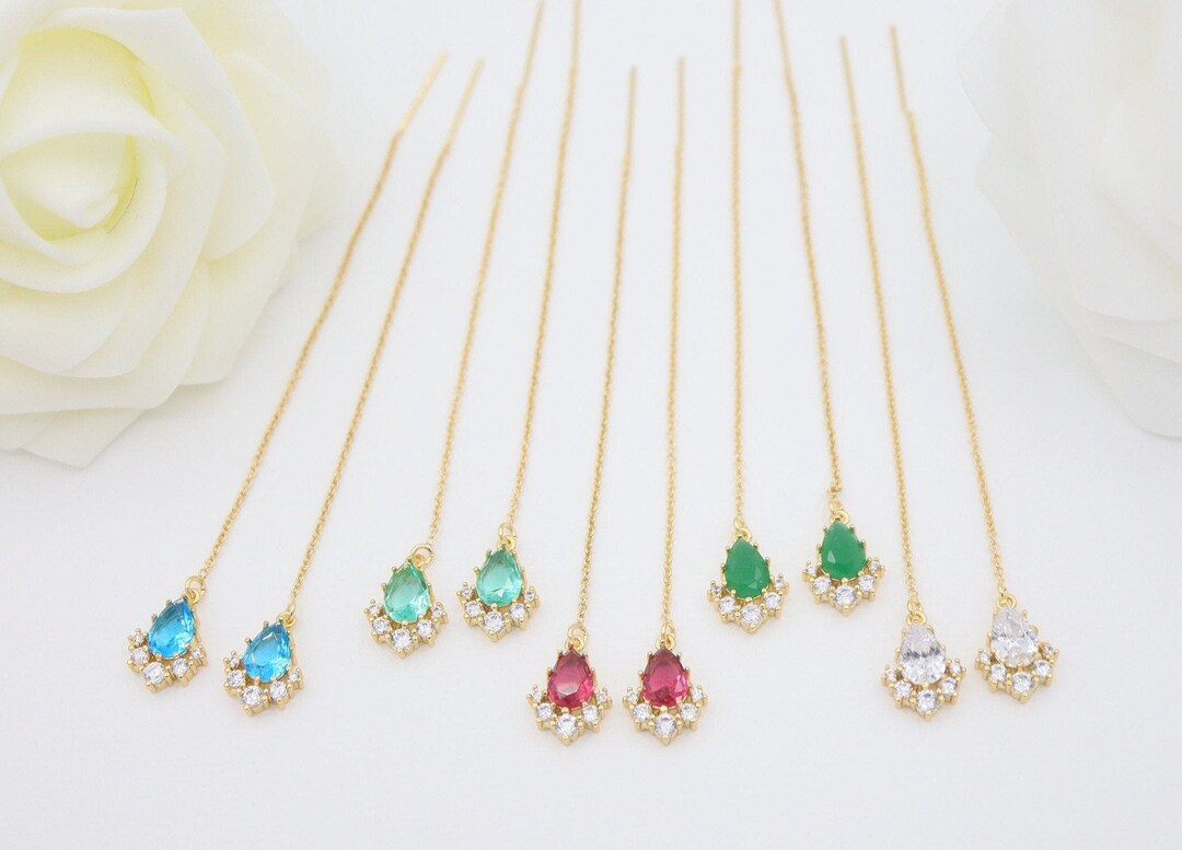 Dainty Pear Shaped Threader Earrings, Teardrop Diamond/ruby/emerald/blue Topaz, CZ Cubic ...
