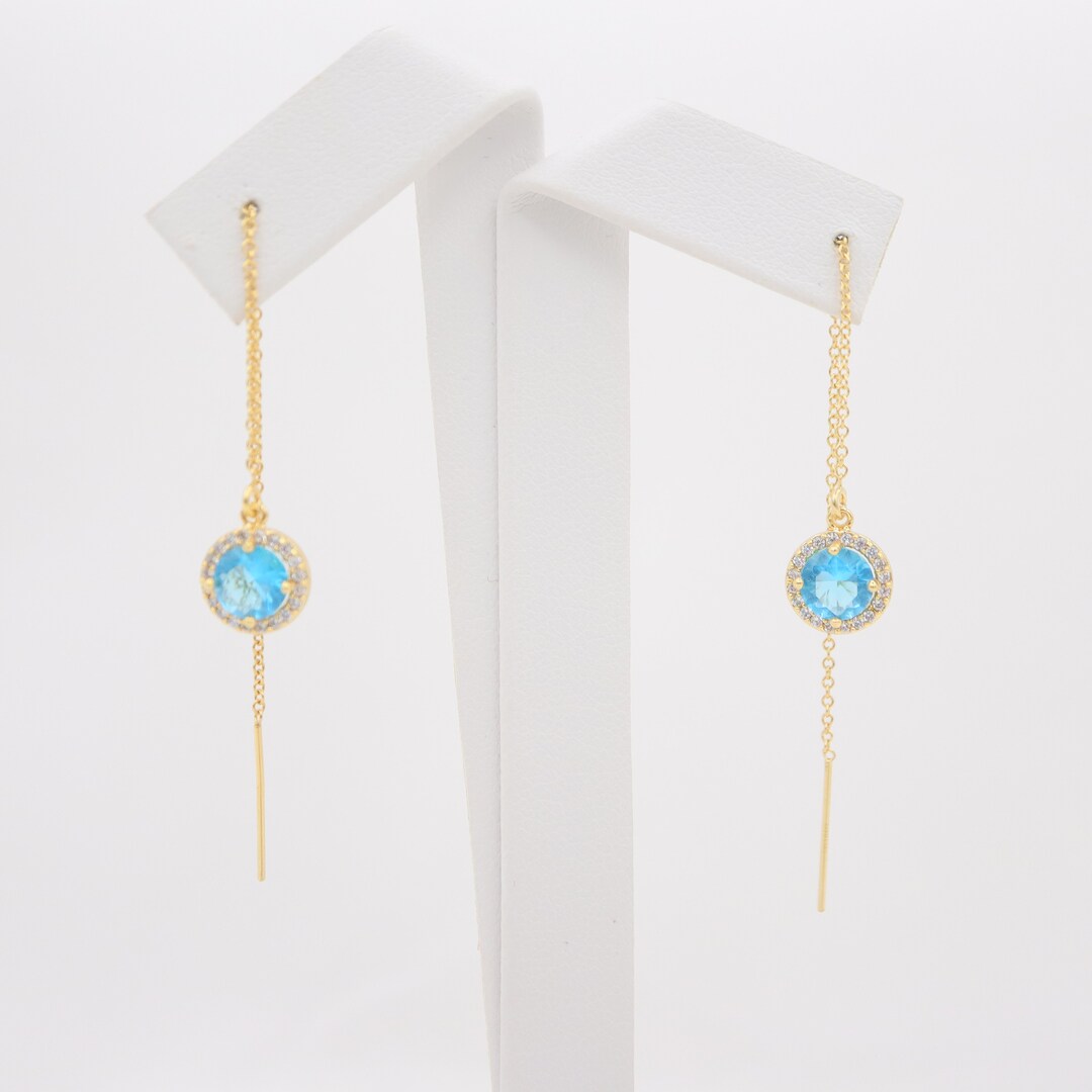 Dainty Blue Topaz Halo Diamond Threader Earrings, CZ Cubic Zirconia, 14K Gold Filled, Wedding ...