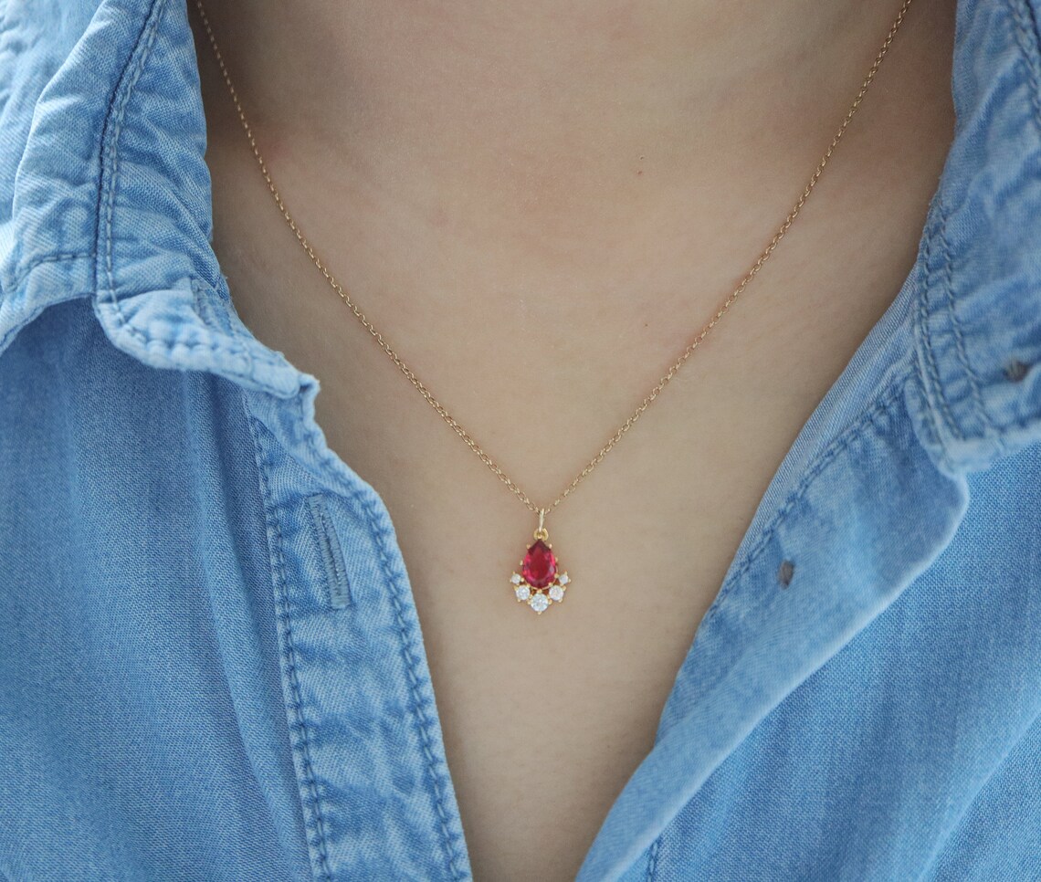 Dainty Pear Shaped Ruby Pendant Necklace, CZ Cubic Zirconia, 14K Gold ...