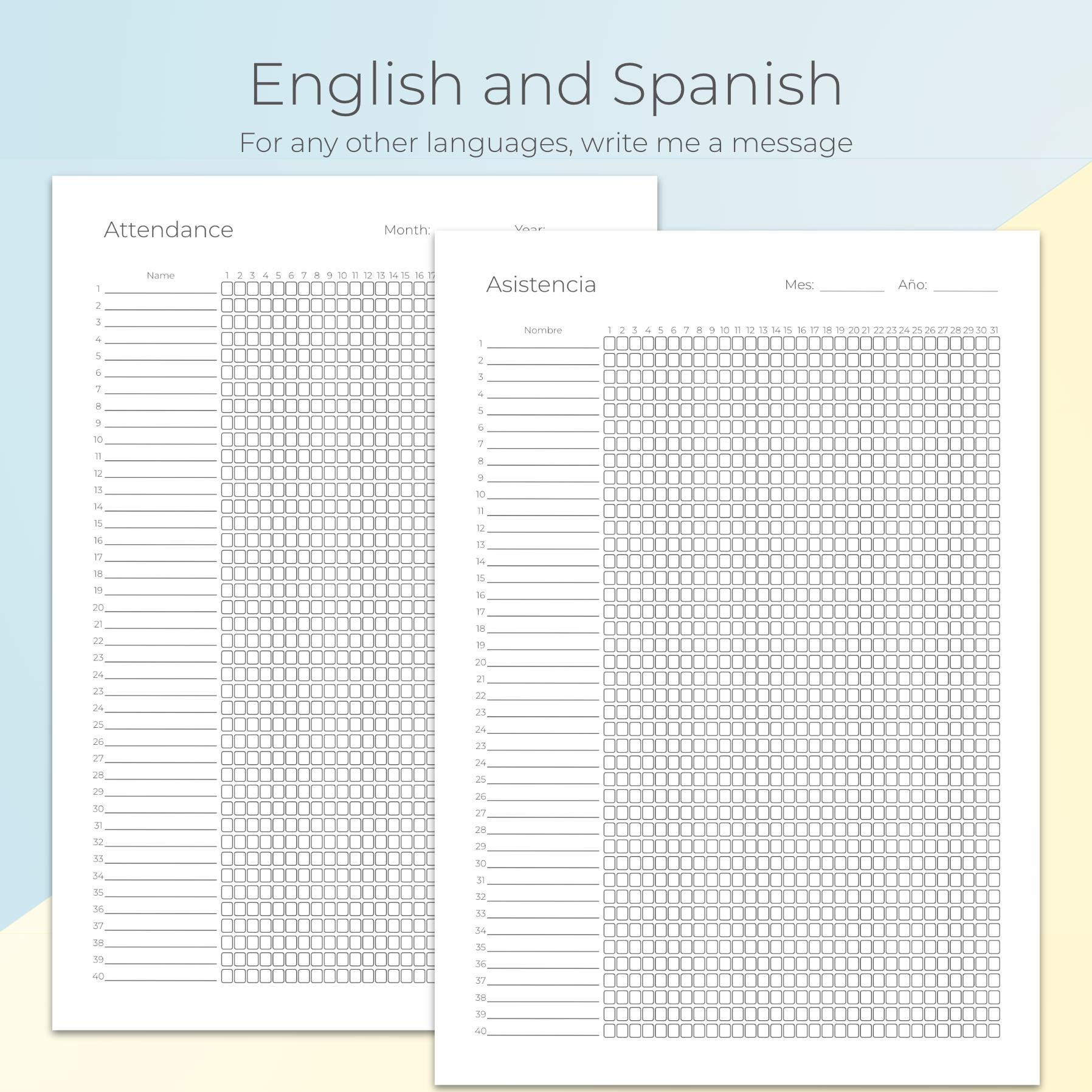 Attendance Sheet · Fillable and Printable PDF · English and Spanish - Etsy