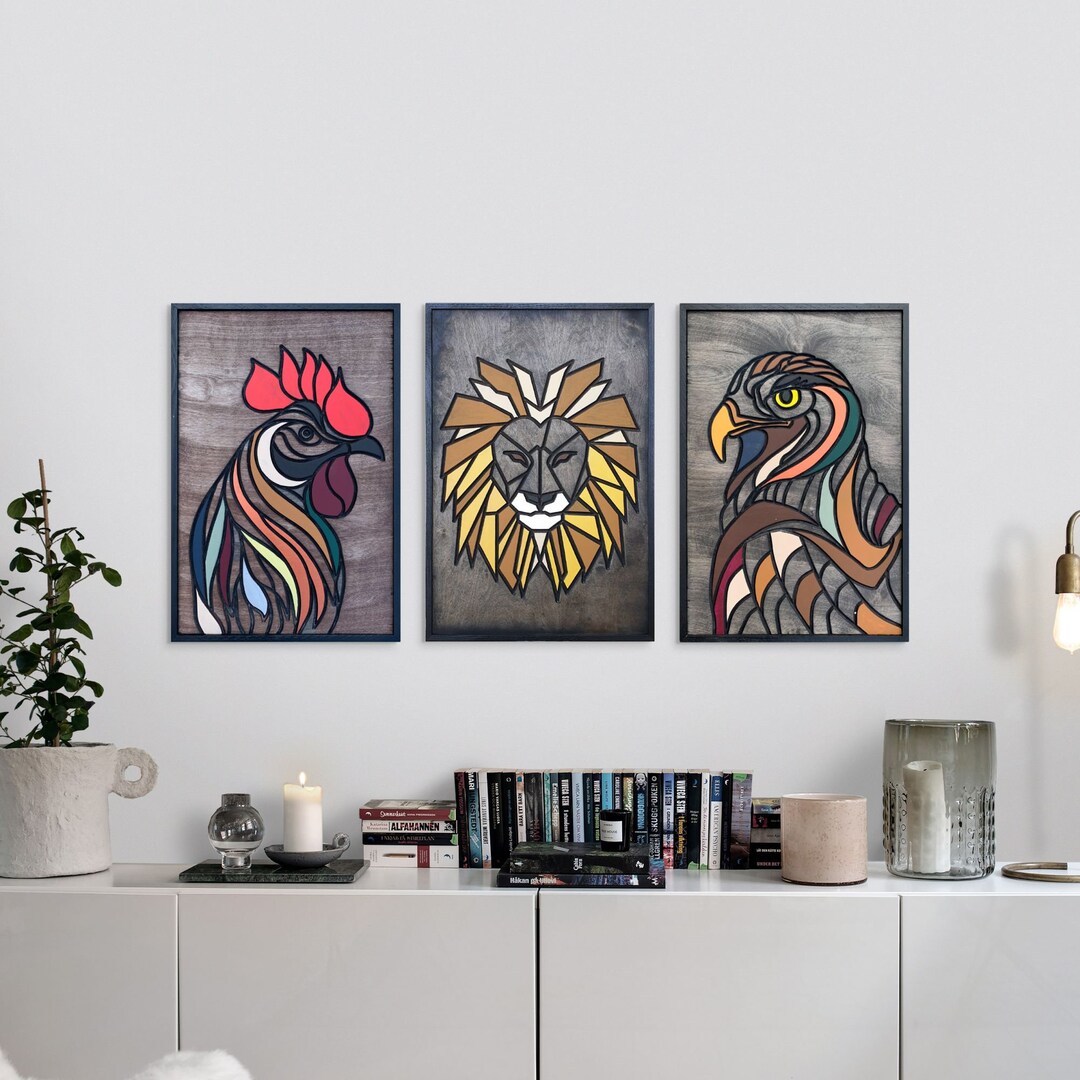 Rooster, Lion, Eagle Wall Art, Set of 3, Wood Wall Art, Painting Wood ...