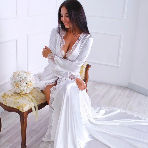 Long White Bridal Robe Satin Lace Back Dressing Gown Bridal Etsy