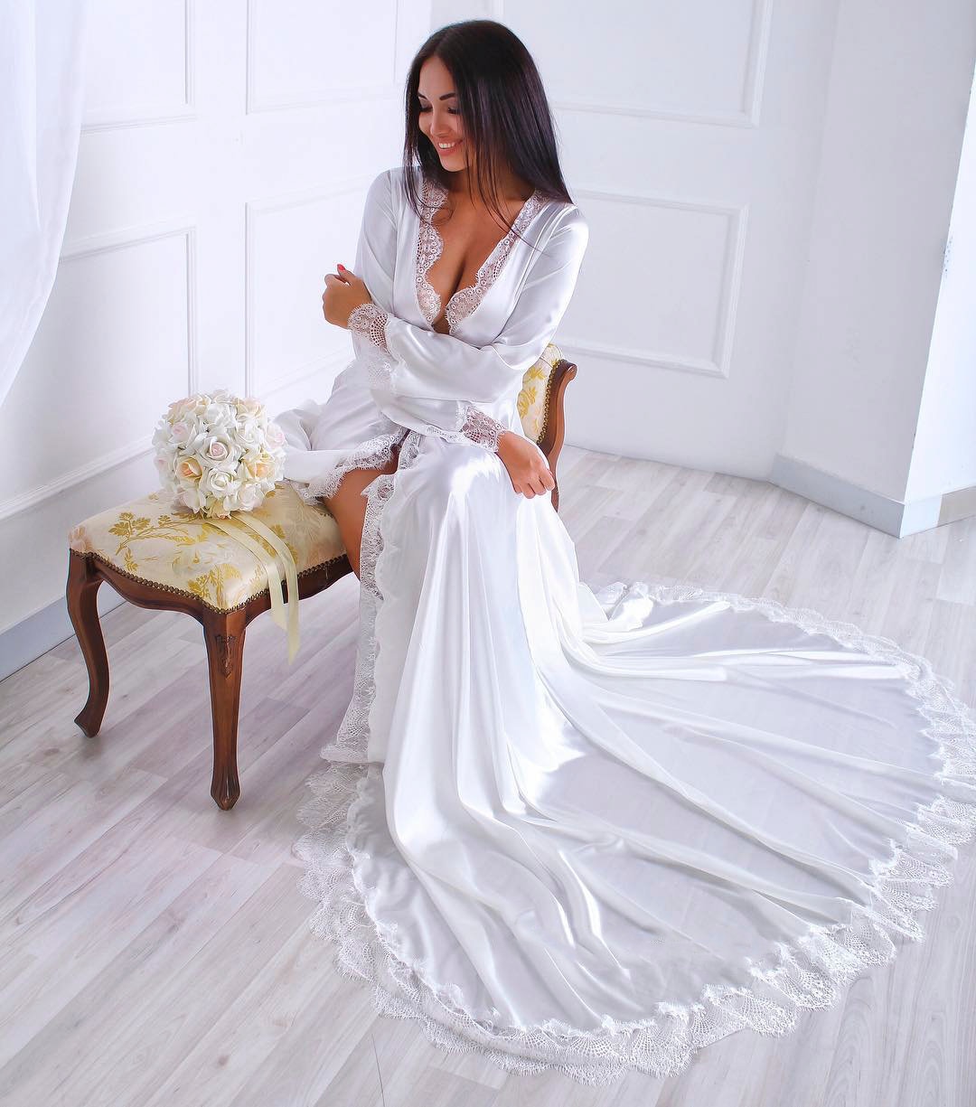 Long Satin Bride Robe White Bridal Robe With Lace Back Maxi Robe - Etsy