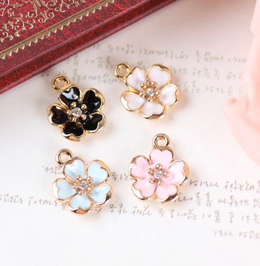 Flower Charm, Enamel Cherry Blossom Pendant, Rhinestone Flower, Craft ...
