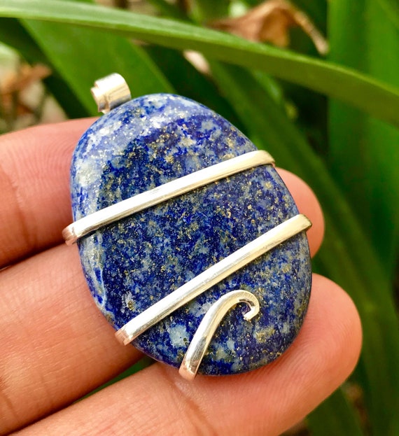 Sterling Silver Wire Wrap Pendant Natural Lapis Lazuli Necklace Valentine s Day Sale Engagement Gift Necklace Etsy UK