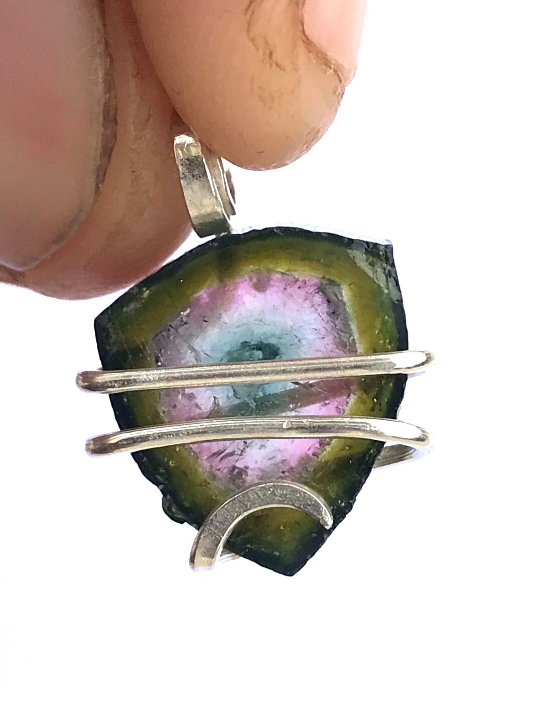 11.30 TCW Tri Color Tourmaline Slice Necklace / Watermelon Slice / Raw ...