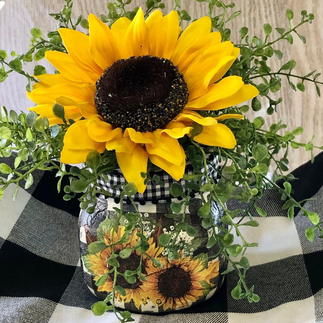 Farmhouse Decoupaged Mason Jar Faux Sunflower Arrangement, Black and ...