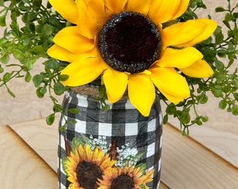 Farmhouse Decoupaged Mason Jar Faux Sunflower Arrangement, Black and ...