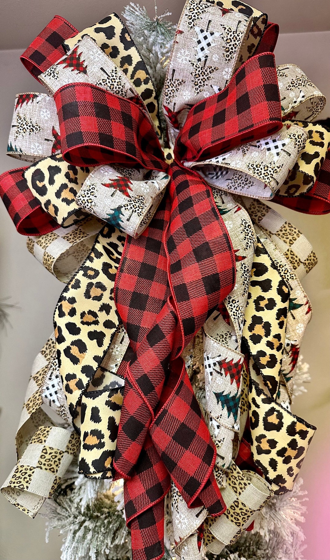 Cheetah Leopard Print Buffalo Check Tree Topper Bow Large - Etsy