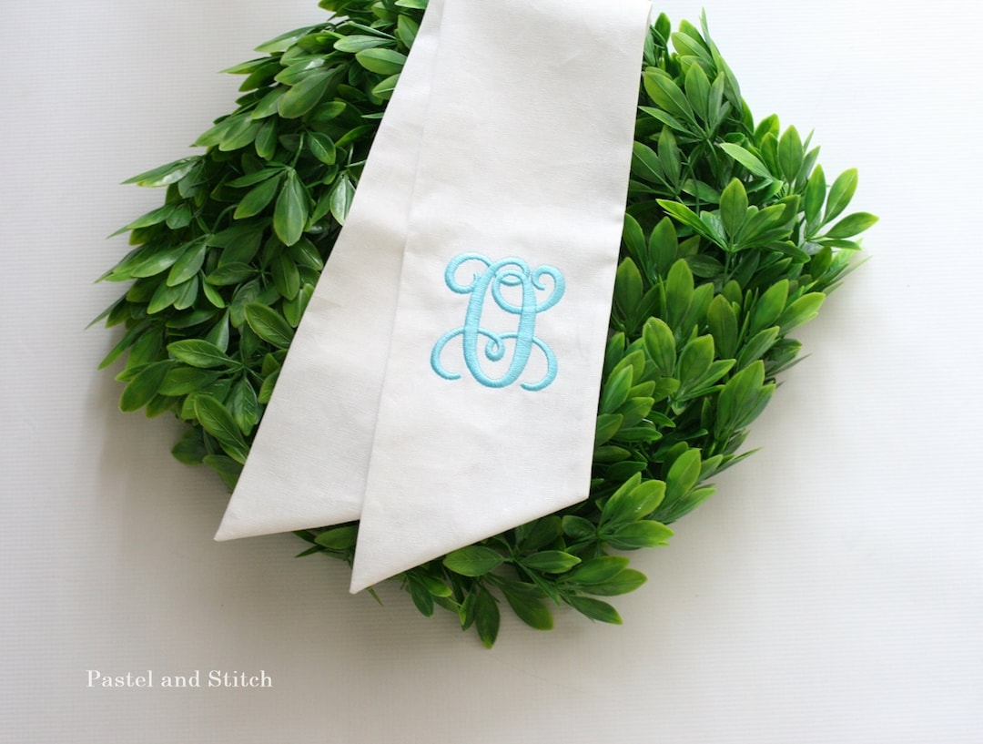 Linen Wreath Sash, Monogrammed Sash, Embroidered Sash, Front Door Sash ...
