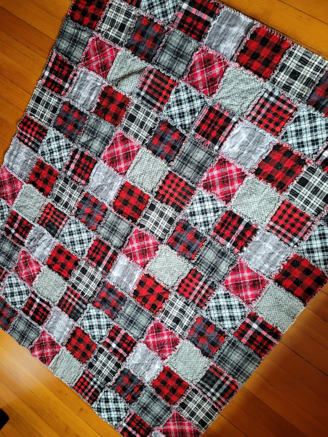 New Larger Size Handmade Flannel Rag Quilt Red, Black, White, and Gray ...