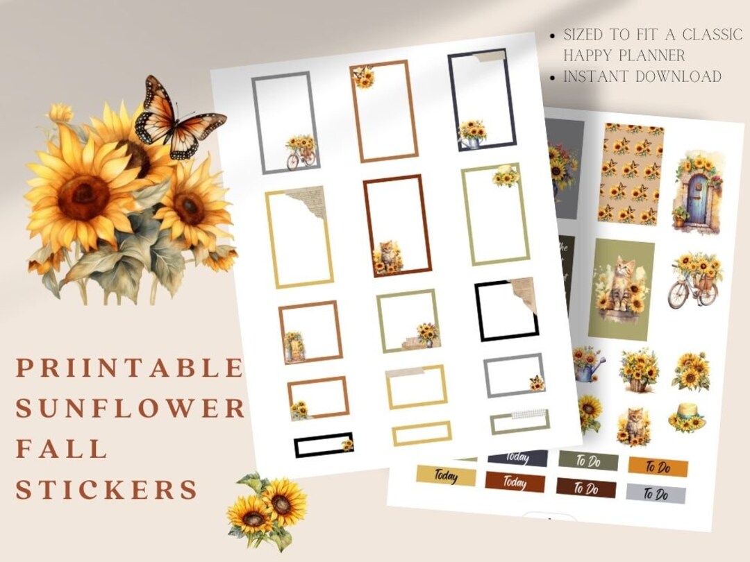 Printable Sunflower Fall Planner Stickers, Happy Planner Classic, Fall ...