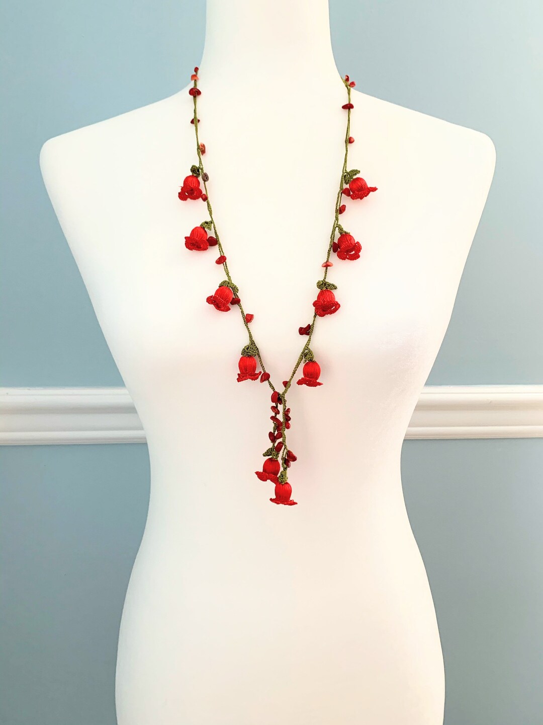 Red Flower Necklace / Crochet Oya Necklace / Long Flower Lariat / Tulip ...