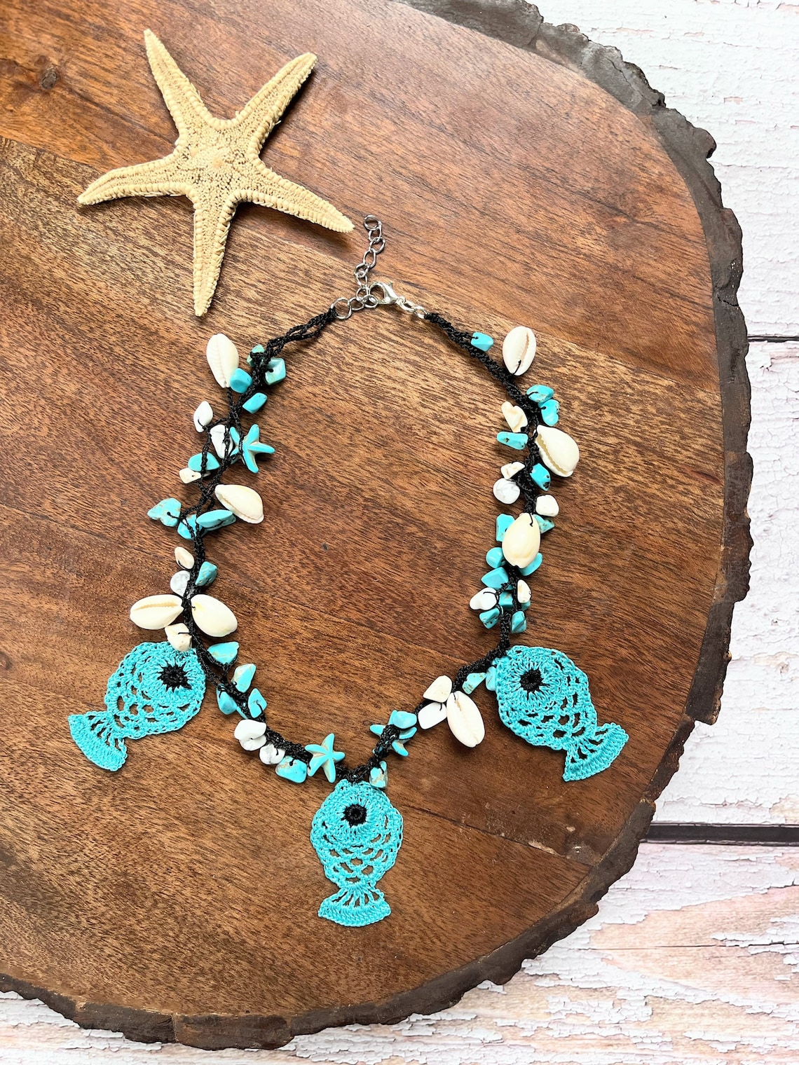 Beach Boho Choker / Crochet Fish Necklace for Women / Turquoise ...