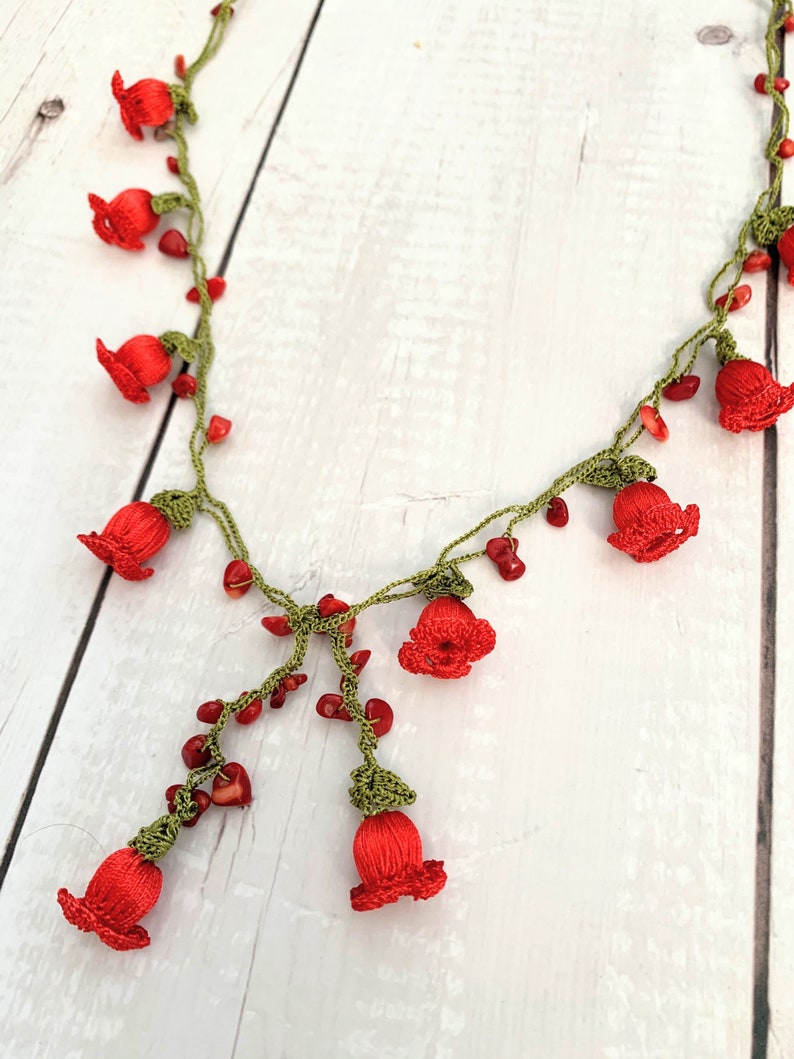 Red Flower Necklace / Crochet Oya Necklace / Long Flower | Etsy