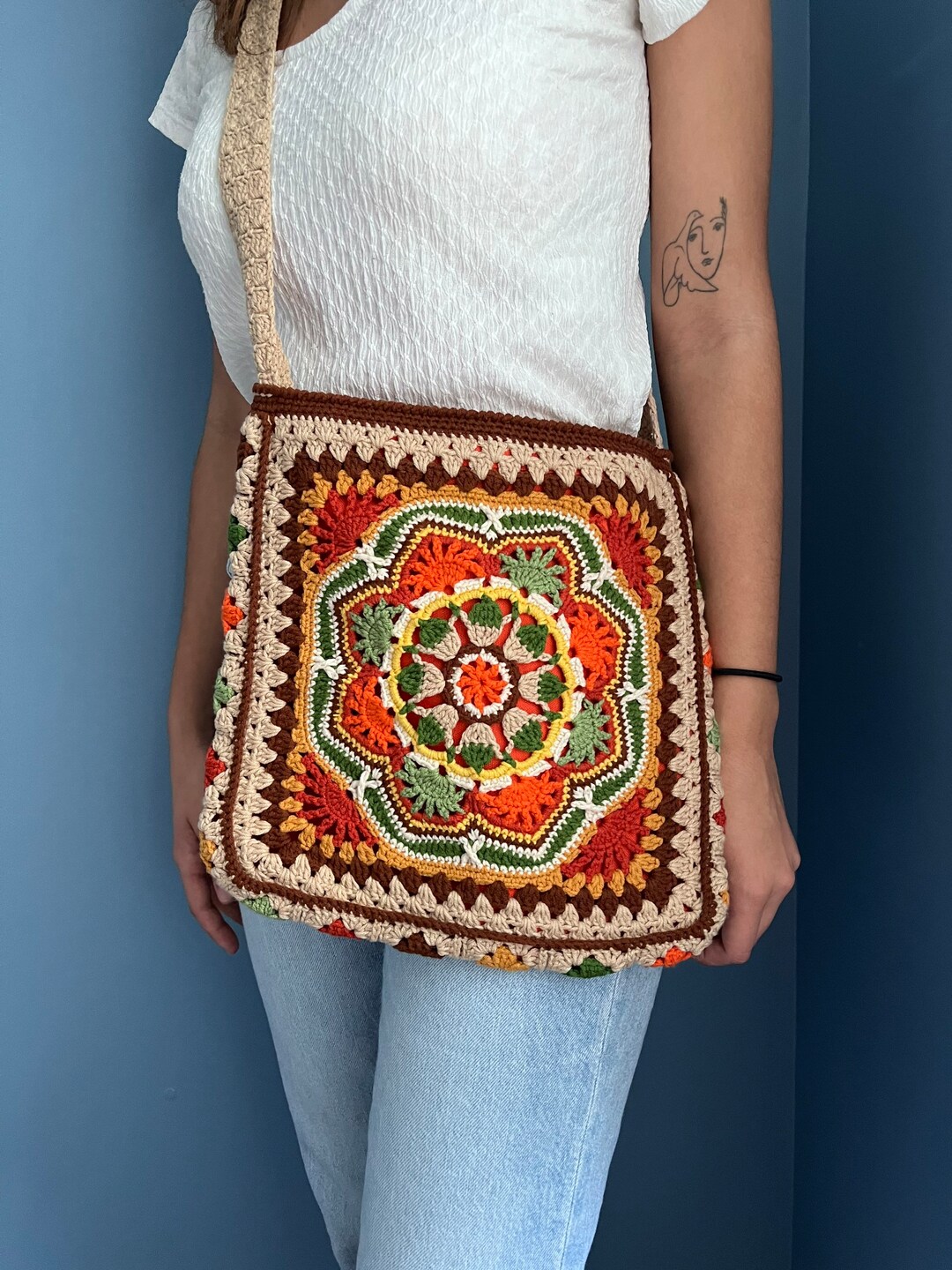 Crochet Bag in Fall Colors / Mandala Purse / Knitted Tote Bag ...