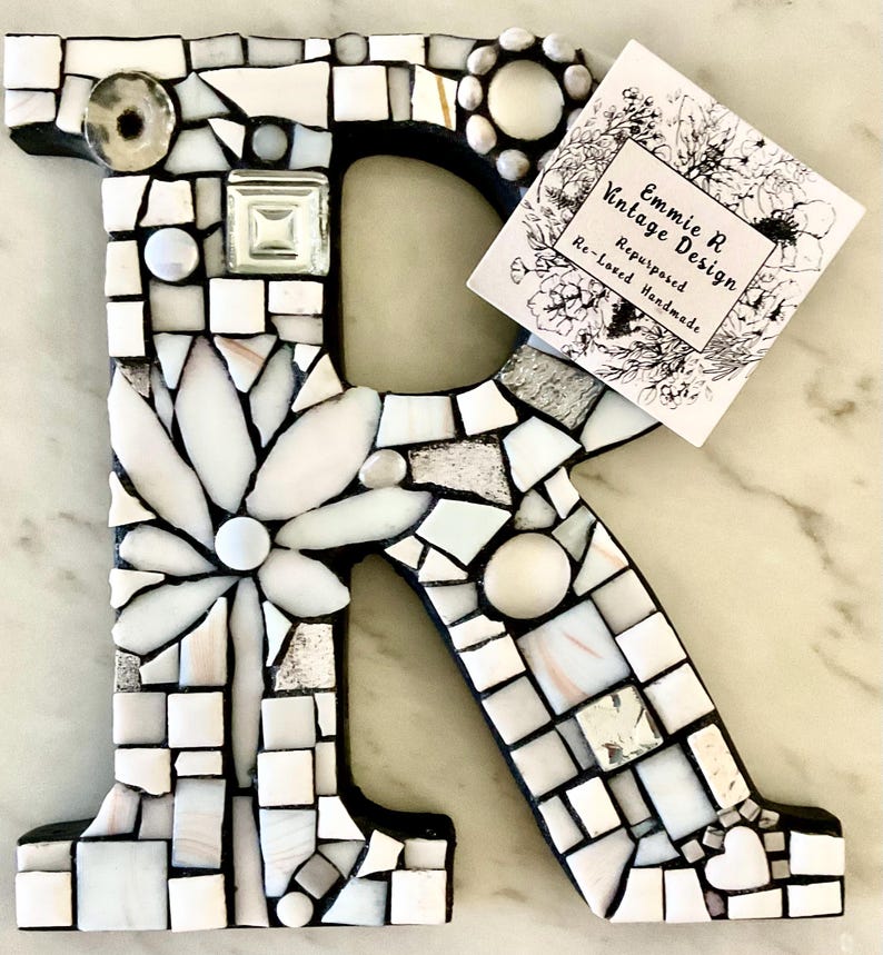 Handmade Mosaic Monogram Letter “R” White & Black Mosaic Wall Art ...