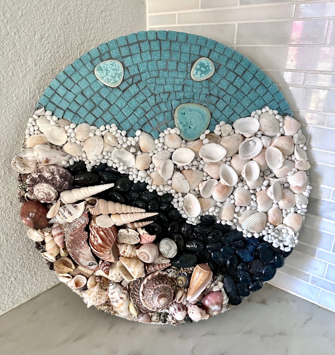 Round Coastal Mixed Media Mosaic, Seashells, Pebbles, Tiles - Etsy
