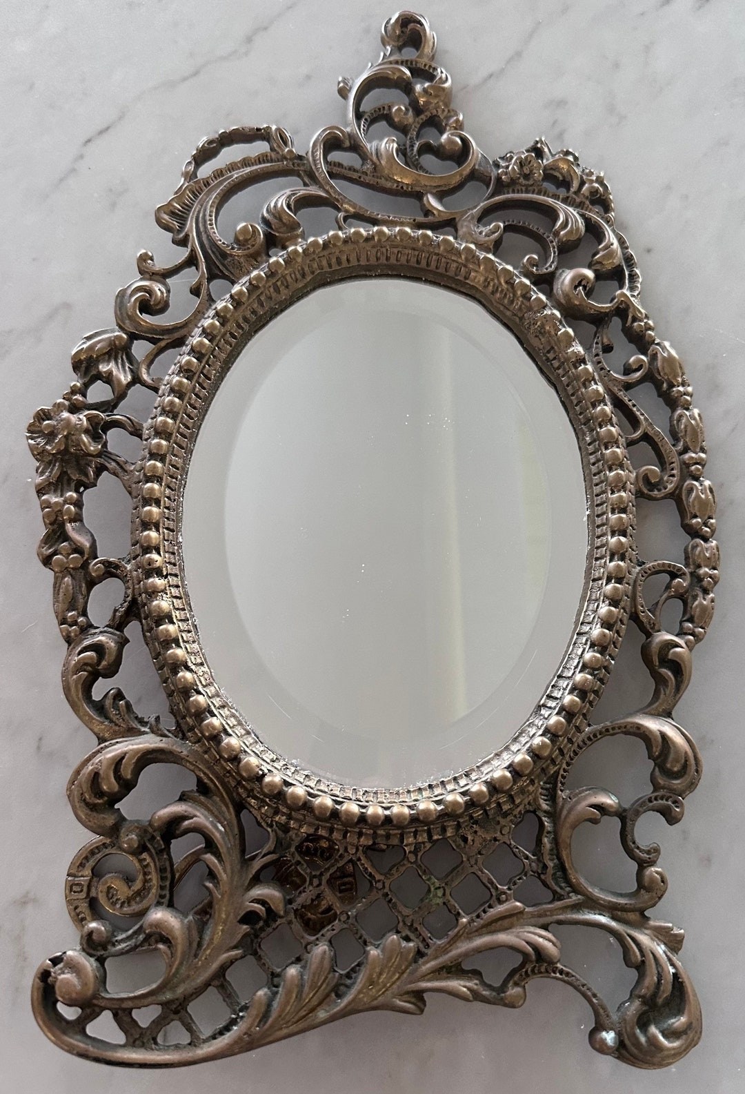 Vintage Heavy Iron Tabletop Oval Bevel Edge Mirror W Swivel Stand ...