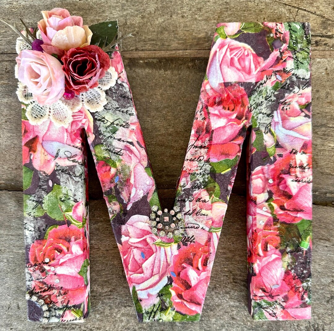 Handmade Large Letter “M” Monogram Wall Art, Decoupaged Vintage Florals ...
