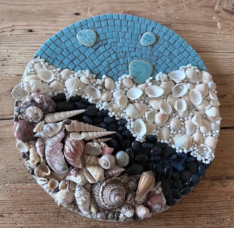 Round Coastal Mixed Media Mosaic, Seashells, Pebbles, Tiles - Etsy