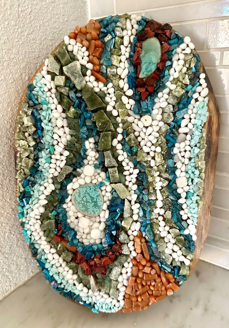 Mixed Media Mosaic Wall Art on Thick Oval Walnut Wood, Glass, Natural ...