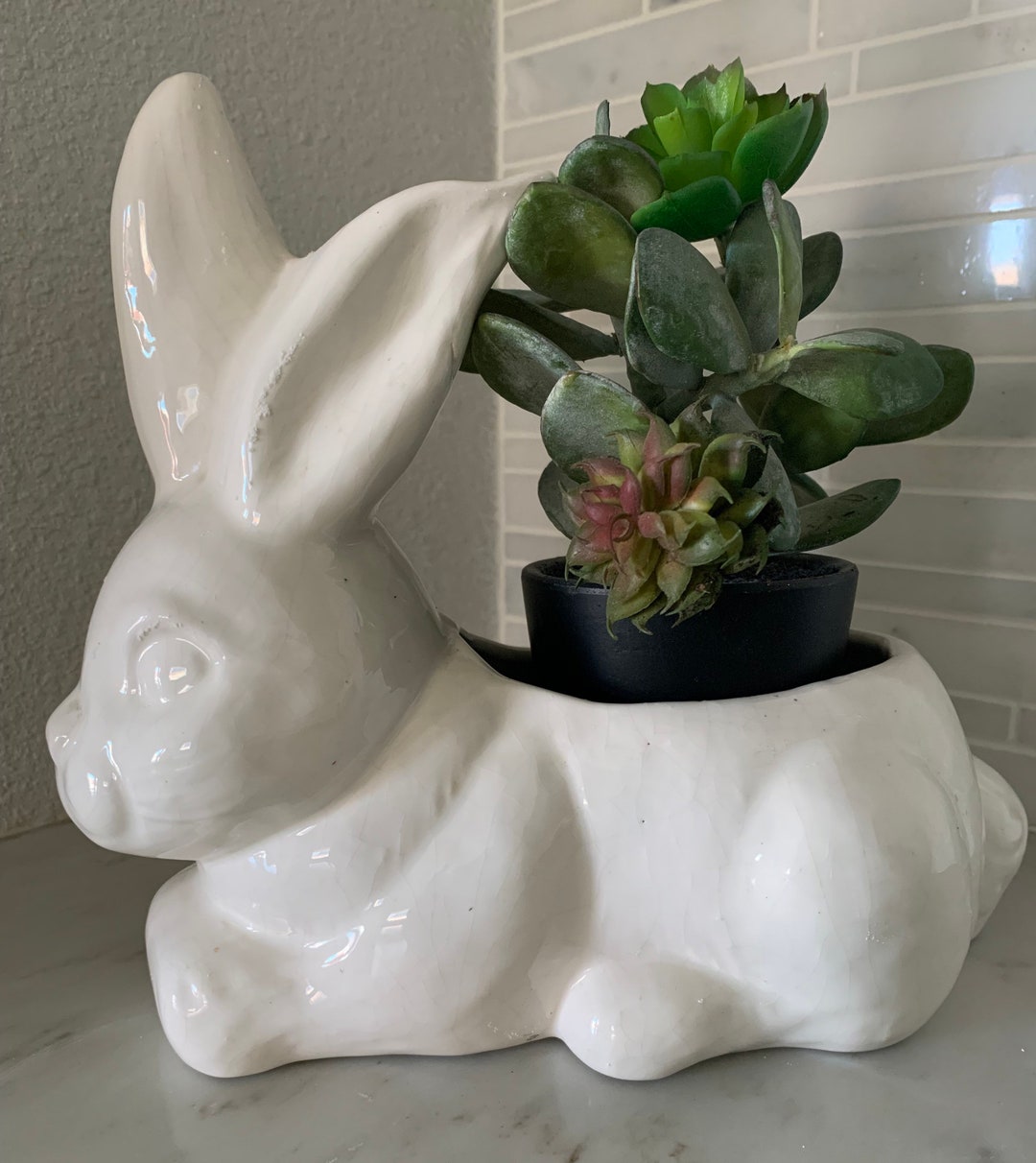 Large White Ceramic Bunny Planter. Cockeyed Ears - Etsy