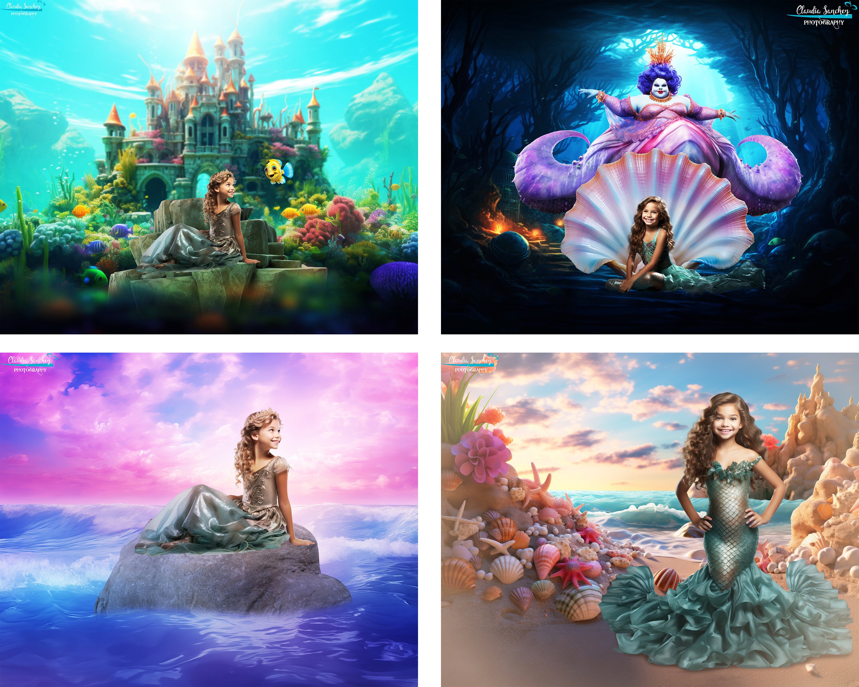 FOUR Mermaid Digital Backgrounds, Mermaid Castle, Underwater, Seashells ...