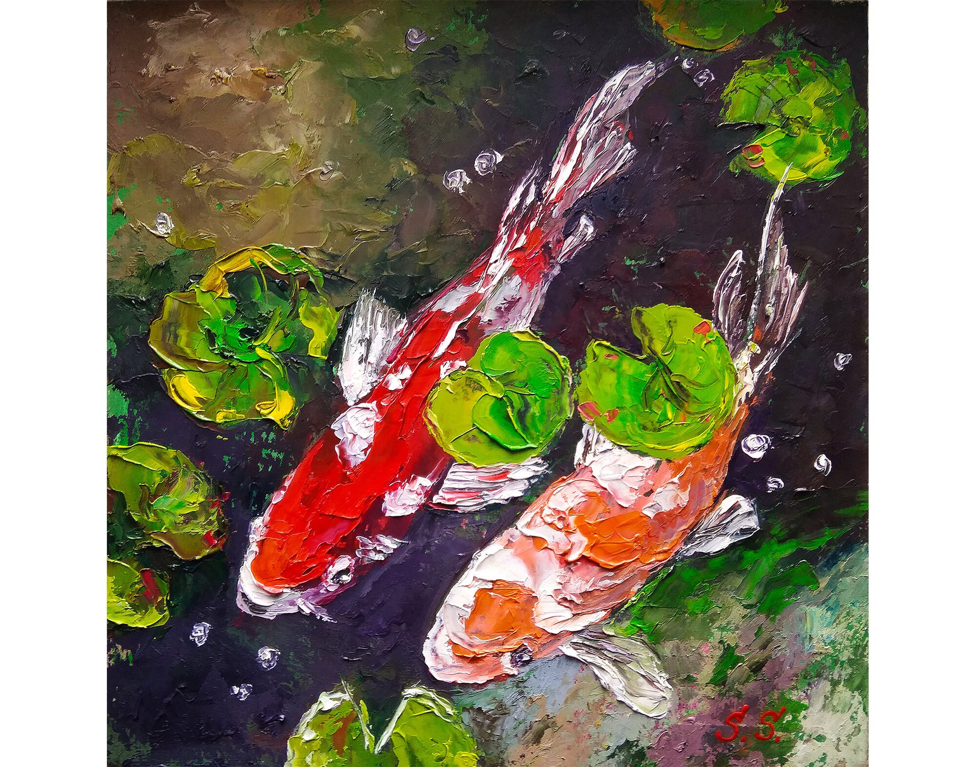 Koi Fish Original Art Oil Painting Animals Red Fish Painting | Etsy
