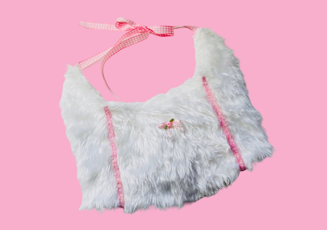 OOAK White Faux Fur Soft Corset Halterneck Crop Top Kawaii Coquette ...